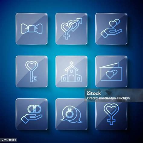 세트 라인 결혼 반지 다이아몬드 약혼 여성 성별 기호 하트 손 교회 건물 키 하트 모양 나비 넥타이 및 인사말 카드 아이콘 벡터 3월에 대한 스톡 벡터 아트 및 기타 이미지