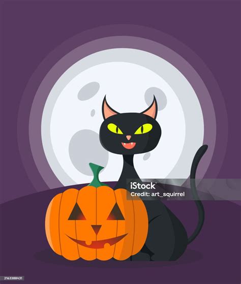 달 배경에 호박을 가진 할로윈 검은 고양이 귀여운 만화 캐릭터입니다 벡터 일러스트 레이 션 10월에 대한 스톡 벡터 아트 및 기타 이미지 Istock