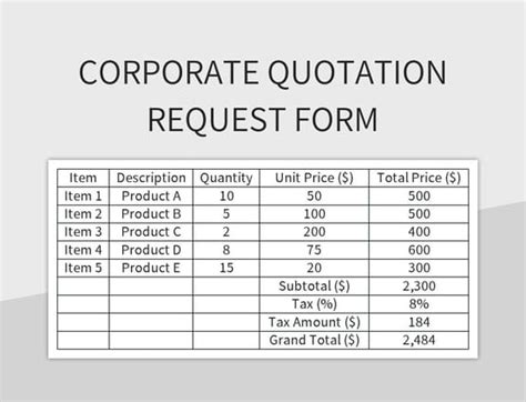 Corporate Quotation Request Form Excel Template And Google Sheets File For Free Download