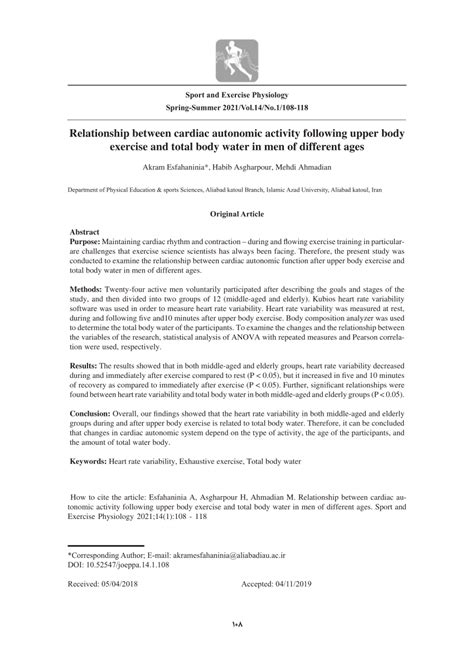 Pdf Relationship Between Cardiac Autonomic Activity Following Upper Body Exercise And Total