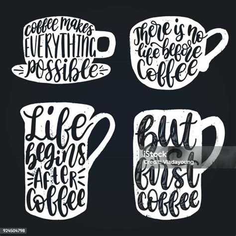 벡터 필기 커피 문구 세트 커피 컵 모양에 활판 인쇄 술을 인용 한다 서 예 나 그림 문자입니다 개념에 대한 스톡 벡터 아트 및 기타 이미지 Istock