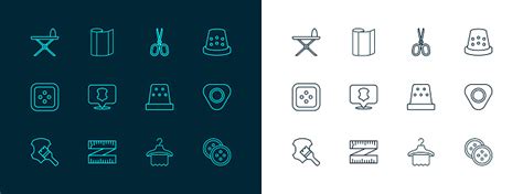 바느질용 골무 줄자 옷걸이 옷장 가죽 가위 전기 다리미 및 다리미판 섬유 패브릭 롤 아이콘을 설정합니다 벡터 가사 집안일에 대한 스톡 벡터 아트 및 기타 이미지 Istock