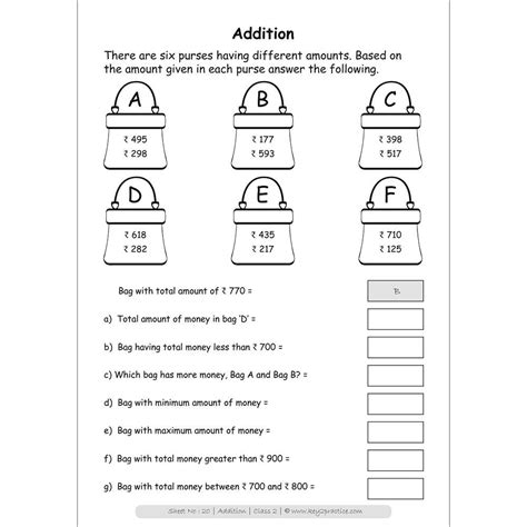 Class 2 Maths Addition Activity Based Worksheets Key2practice