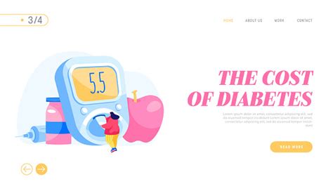 제어 당뇨병 질병 방문 페이지 템플릿 디지털 포도당 측정기로 혈액을 가진 작은 병들여성 문자 삽입 견본 의학 병 주사기 건강한 생활 만화 벡터 일러스트레이션 개념에 대한