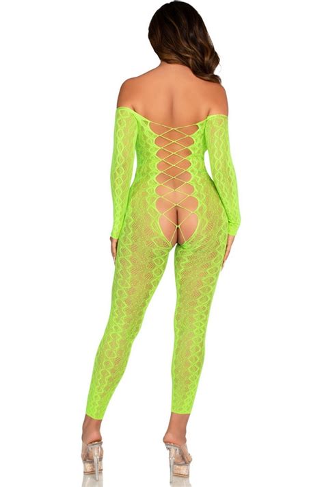 Exposed Python Net Neon Green Crotchless Jumpsuit Spicy Lingerie