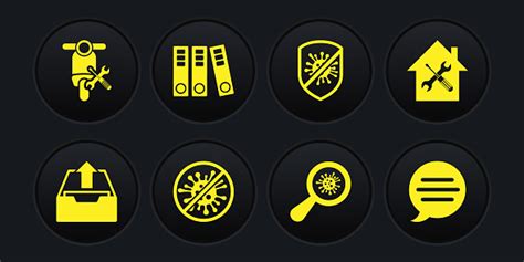 받은 편지함 업로드 하우스 서비스 바이러스 박테리아 차단 돋보기 아래의 미생물 사무실 폴더 말풍선 채팅 및 스쿠터 아이콘을 설정합니다 벡터 Brand Name Online