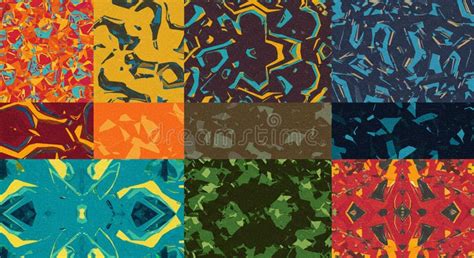 Nine Abstract Patterns In A 3x3 Grid Each Featuring Distinct Color Schemes Stock Illustration