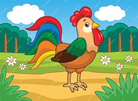 Una Ilustración De Dibujos Animados De Un Gallo Con Cola Azul Y Cola