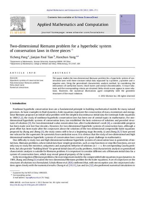 Pdf Two Dimensional Riemann Problem For A Hyperbolic System Of Conservation Laws In Three Pieces