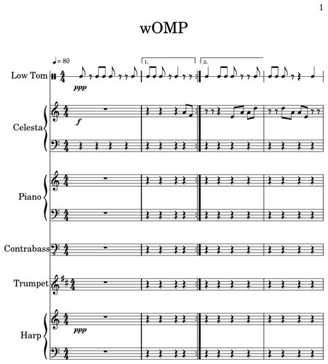 Womp Sheet Music For Drum Set Celesta Piano Contrabass Trumpet Harp