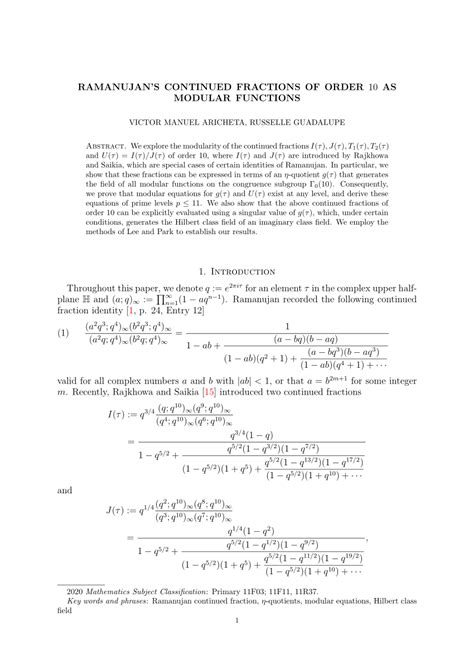 Pdf Ramanujans Continued Fractions Of Order 10 As Modular Functions