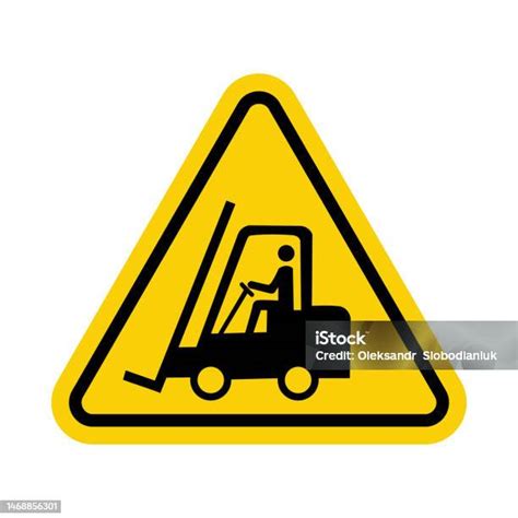지게차 및 기타 산업용 차량에 대한 표지판 내부에 지게차 아이콘이 있는 노란색 삼각형 경고 표시 지게차에 대한 스톡 벡터 아트