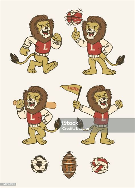 빈티지 복고풍 손으로 그린 스타일의 사자 스포츠 마스코트 세트 복고풍에 대한 스톡 벡터 아트 및 기타 이미지 복고풍 볼테르 인조 사자 Istock