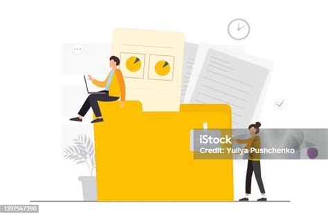 폴더에 문서를 넣는 사람들 디지털 데이터 스토리지 네트워크 워크 플로우 개념 온라인 파일 교환 시스템 플랫 벡터 일러스트 레이 션 고객 관리자에 대한 스톡 벡터 아트 및