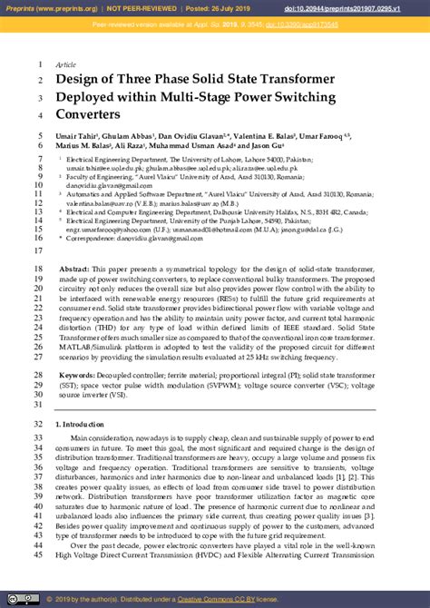 Pdf 1 Design Of Three Phase Solid State Transformer 2 Deployed Within Multi Stage Power