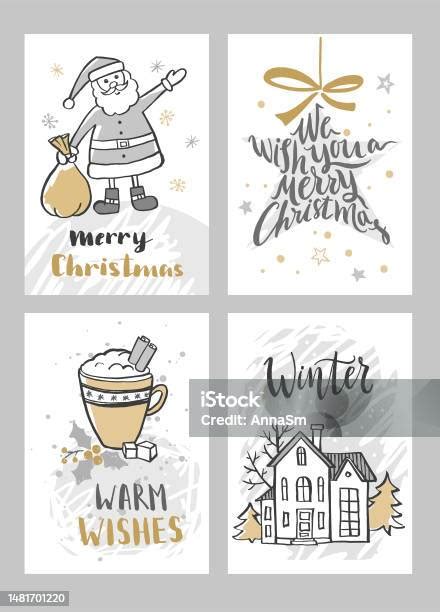 손으로 그린 크리스마스 카드 세트 계절 소원 손으로 쓴 글자 흰색 배경에 격리된 스케치 스타일의 귀여운 이미지 아버지 크리스마스 별과 겨울 풍경 0명에 대한 스톡 벡터 아트