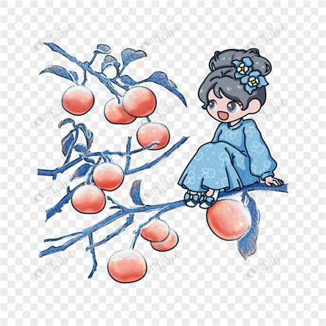 감나무에 앉아있는 소녀 Png 일러스트 무료 다운로드 Lovepik
