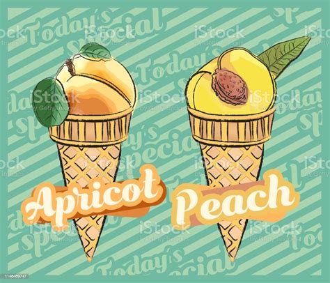 살구 아이스크림 복숭아 아이스크림 벡터 일러스트 레이 션의 과일 아이스크림 콘 손으로 그린 디자인 건강에 좋지 않은 음식에 대한