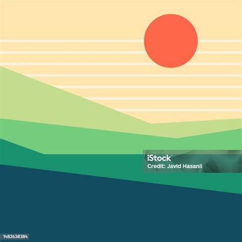 벡터 그림입니다 바우 하우스 미드 센추리 모던 그래픽 70년대 복고풍 또는 빈티지 미니멀리스트 풍경 추상적인 모양 태양과 산 미드센추리 스타일에 대한 스톡 벡터 아트 및