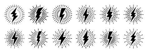 흰색 배경에 고립 된 빈티지 번개 볼트와 태양 광선 세트 태양 폭발 효과가있는 번개 벼락 감전 기호 벡터 일러스트레이션 T 셔츠에 대한 스톡 벡터 아트 및 기타 이미지