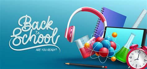 학교 벡터 디자인으로 돌아 가기 지식 학습 학습을위한 헤드폰 태블릿 및 시험관의 교육 요소가있는 학교 텍스트로 돌아갑니다