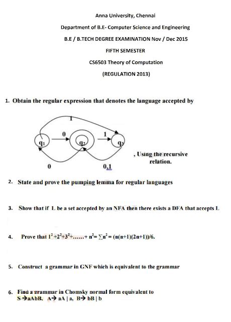 CS Theory Of Computation BE CSE AUC Nov Dec Important Questions University Question