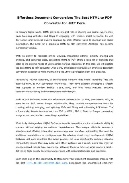 Effortless Document Conversion The Best Html To Pdf Converter For Net Core Pdf