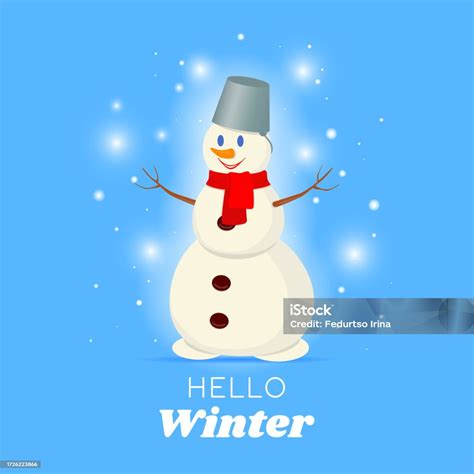 벡터 그림입니다 중산모를 쓴 귀여운 눈사람이 있는 겨울 카드와 Hello Winter라는 글자가 새겨져 있습니다 포스터 배너 인사말 카드 새해와 크리스마스 초대장을 위한