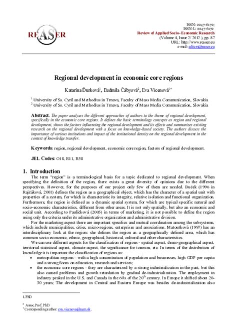 Pdf Regional Development In Economic Core Regions