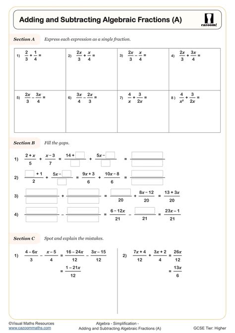 Adding And Subtracting Algebraic Fractions Worksheet Printable Pdf Year 9 And 10 And Algebra