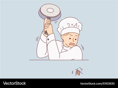 Man Restaurant Cook Kills Cockroach Crawling Vector Image