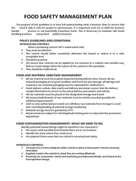 Food Safety Plan Pdf Food Safety Foods