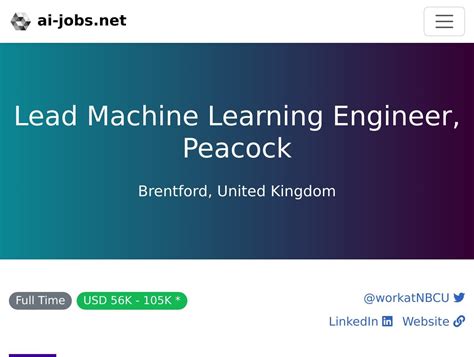 Hiring Lead Machine Learning Engineer Peacock In Brentford United Kingdom Raimljobs