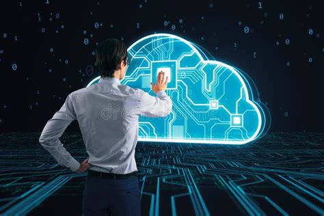 Attractive Businessman Using Glowing Cloud Computing Circuit Hologram On Background Data