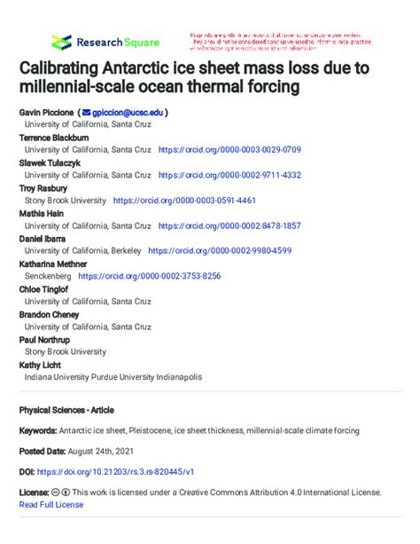 Pdf Calibrating Antarctic Ice Sheet Mass Loss Due To Millennial Scale Ocean Thermal Forcing