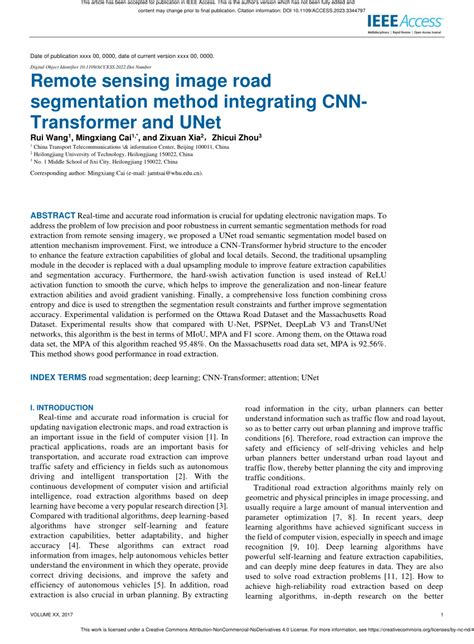 Pdf Remote Sensing Image Road Segmentation Method Integrating Cnn Transformer And Unet