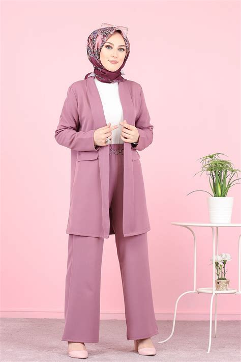 Ensemble Classique Veste Longue Et Pantalon Pour Femme Tenue Hijab Mastour Couleur Mauve