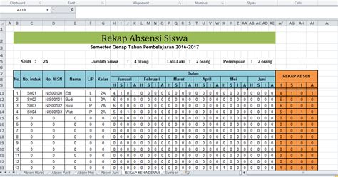 Contoh Rekap Absen Kelas Aplikasi Daftar Hadir Absensi Siswa Excel