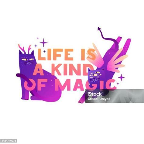 신비로운 반짝이는 고양이와 함께 귀여운 그림 별과 날개를 가진 고양이의 마법 캐릭터 난해한 만화 네온 스타일 직물에 인쇄하는 귀여운 고양이 벡터 결정체에 대한 스톡 벡터