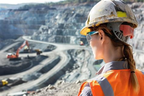 Female Engineer In Safety Gear Observing Large Openpit Mining Operation With Machinery Premium