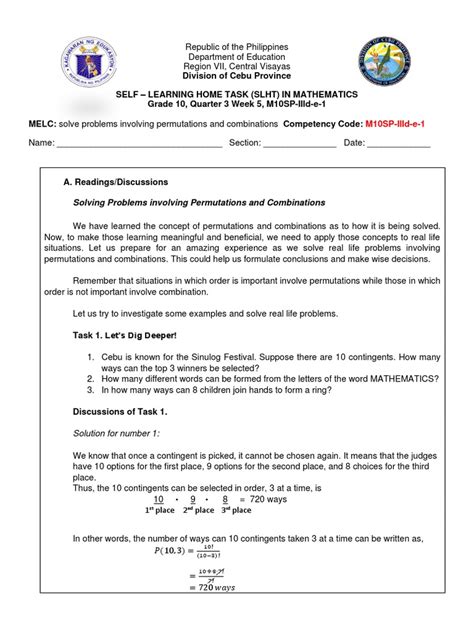 Math10 Slht Q3 Wk5 M10sp Iiid E 1 Pdf Menu Permutation