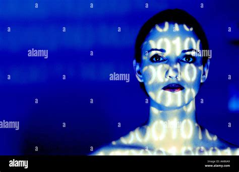 Horizontal Color Image Of An Adult Female With Binary Code Projected