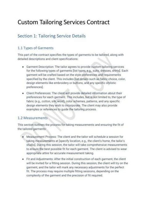 Detailed Custom Tailoring Services Contract Template STR Specialist