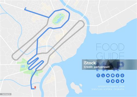 복사 공간 벡터 Eps 10 회색 배경에 격리 주간 모드 그림에서 아이콘 개념 도로 숟가락 및 포크 모양 디자인 음식 가이드 방향지도 여행 강에 대한 스톡 벡터 아트 및