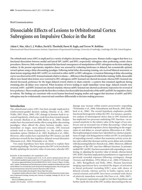 Pdf Dissociable Effects Of Lesions To Orbitofrontal Cortex Subregions On Impulsive Choice In