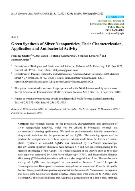 Pdf Green Synthesis Of Silver Nanoparticles Their Characterization Application And