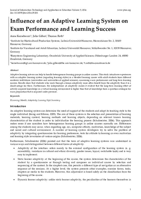 pdf influence of an adaptive learning system on exam performance and