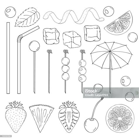 칵테일의 장식을 위한 요소의 큰 컬렉션입니다 튜브 꼬치 레몬 딸기 파인애플 체리 올리브 얼음 우산 민트 벡터 일러스트입니다 격리 된 개체입니다 흑백 0명에 대한 스톡 벡터