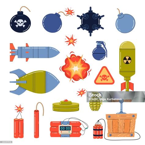 만화 다이너마이트와 폭탄 다양한 유형의 폭발물 로켓 기폭 장치 및 지뢰 연소 퓨즈 대량 살상 무기 위험한 Tnt 폭발 시간 카운트 다운 벡터 절연 플랫 세트 개체 그룹에
