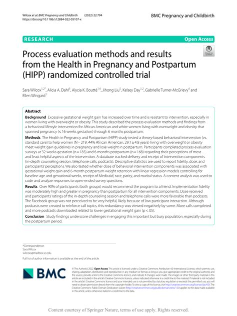 Pdf Process Evaluation Methods And Results From The Health In Pregnancy And Postpartum Hipp